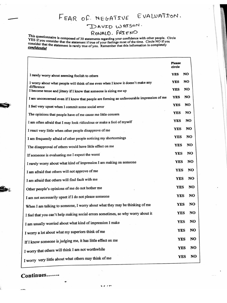 Fear of Negative Evaluation, Watson and Friend (1) | PDF