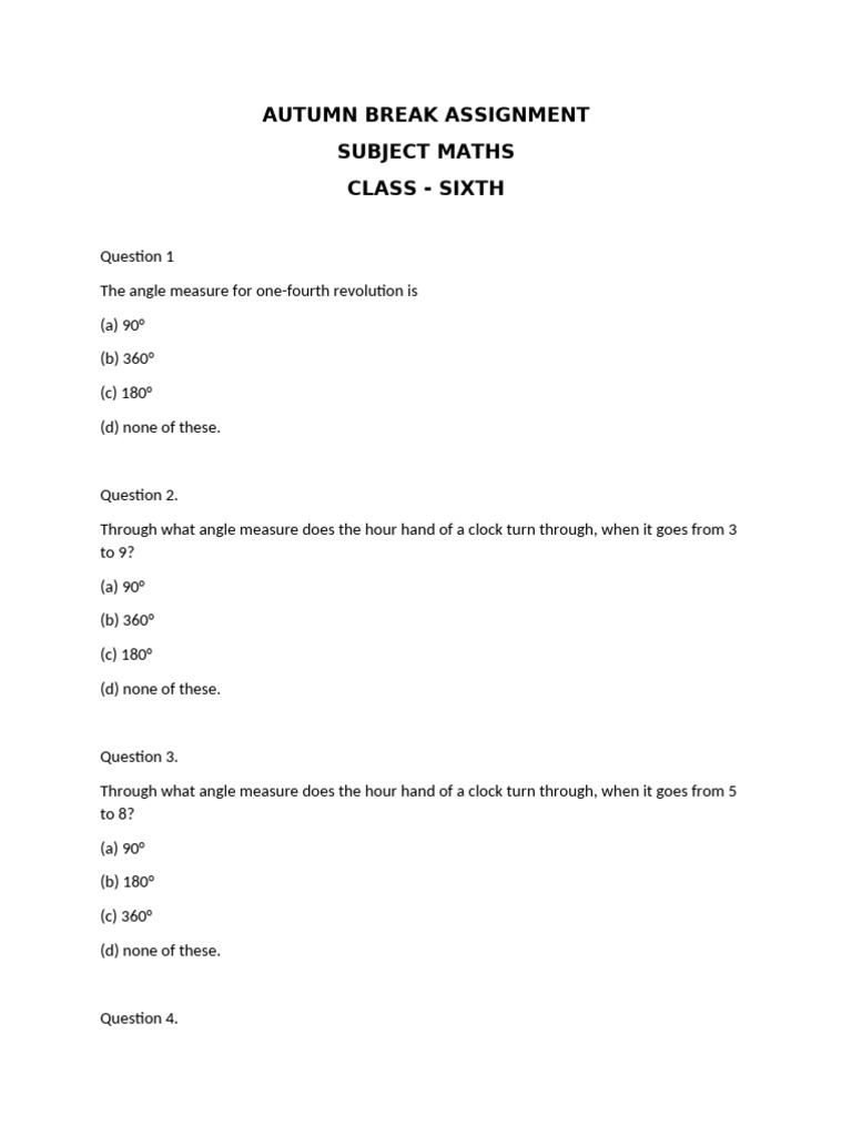 Autumn Break Assignment of Maths Class 6th | PDF | Angle | Euclidean Geometry