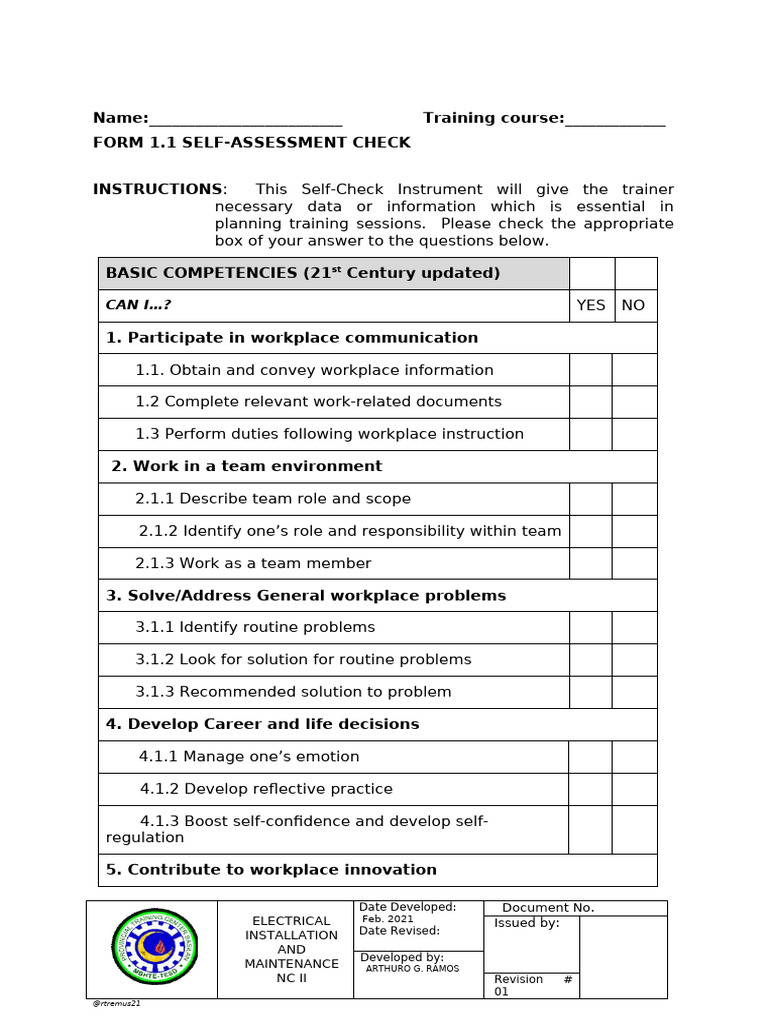 Forms 1.1-1.4 2 Pre-Test EIM | PDF | Electrical Wiring | Occupational ...