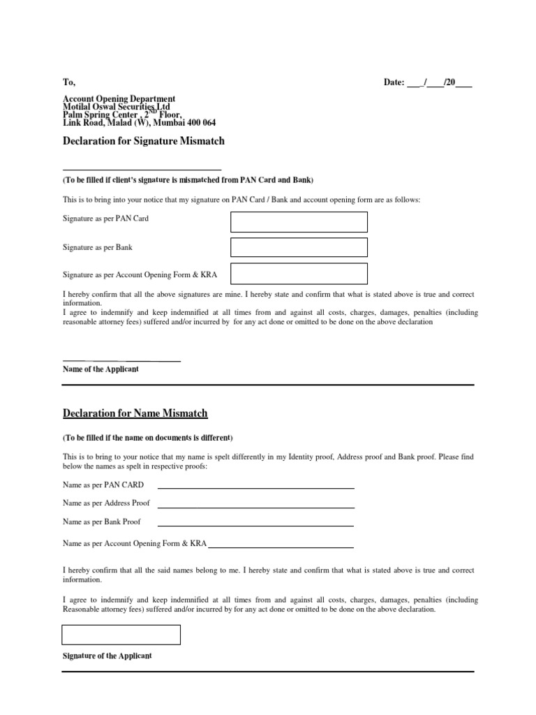 Signature and Name Mismatch Declaration | PDF