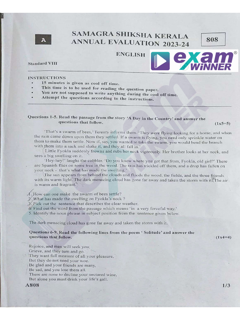 Class 8 English Annual Exam Question Paper 2024 | PDF