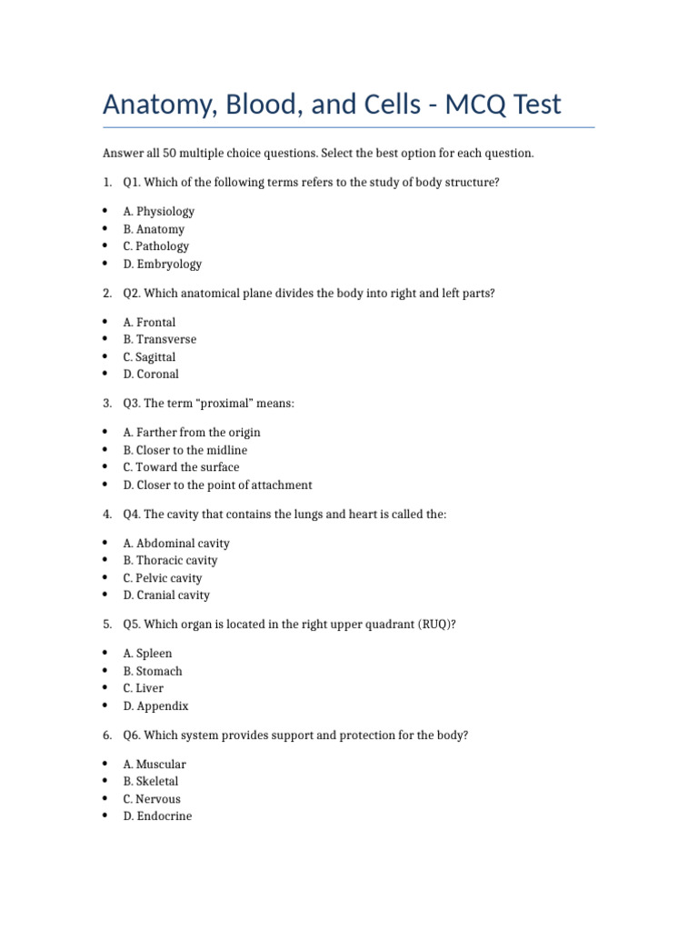 Anatomy Blood Cells MCQ Test | PDF | White Blood Cell | Cell (Biology)