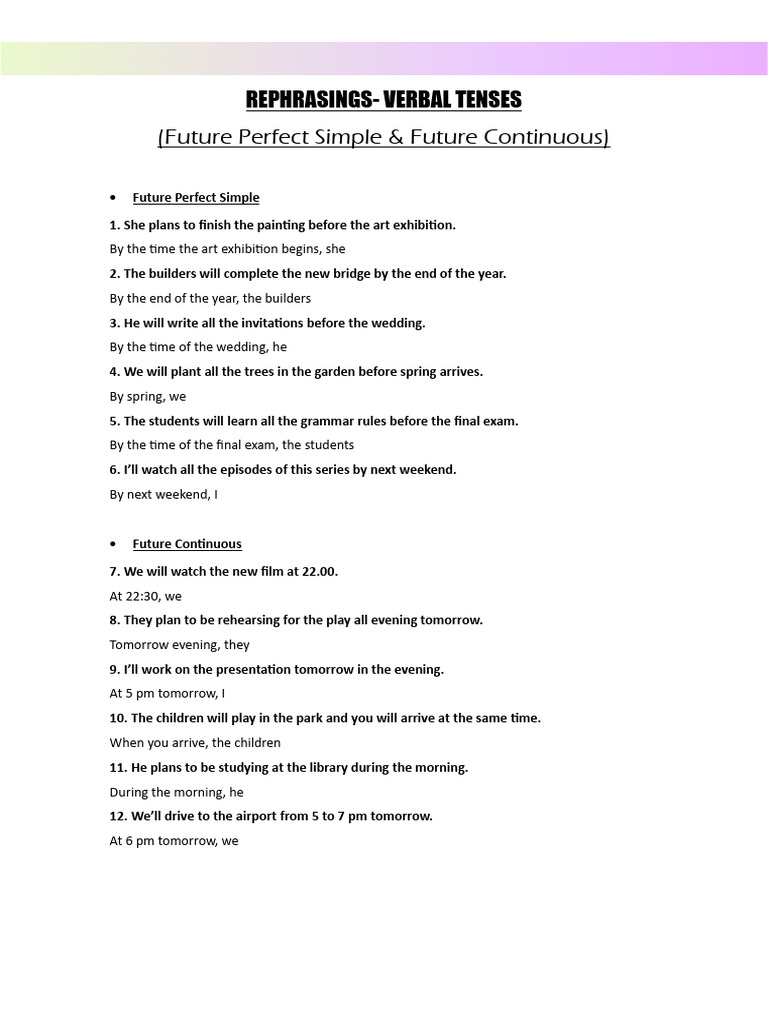 Rephrasing - Verbal Tenses - Future Perfect and Continuous | PDF ...