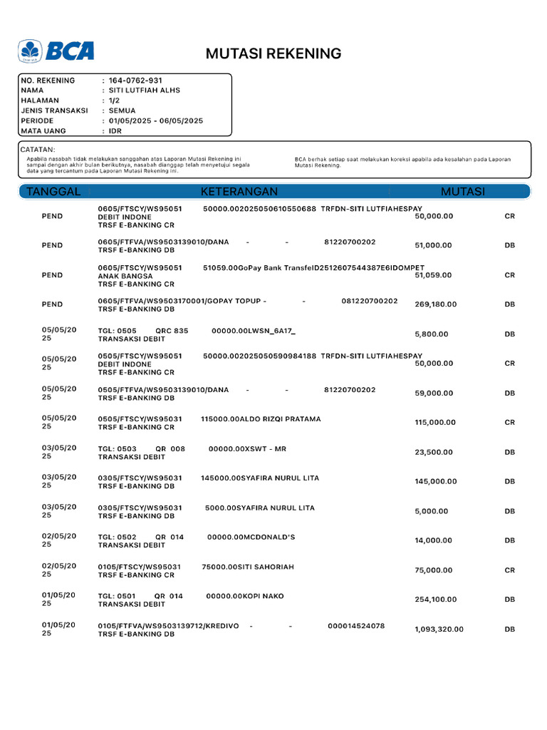 MutasiBCA 01052025-06052025 | PDF