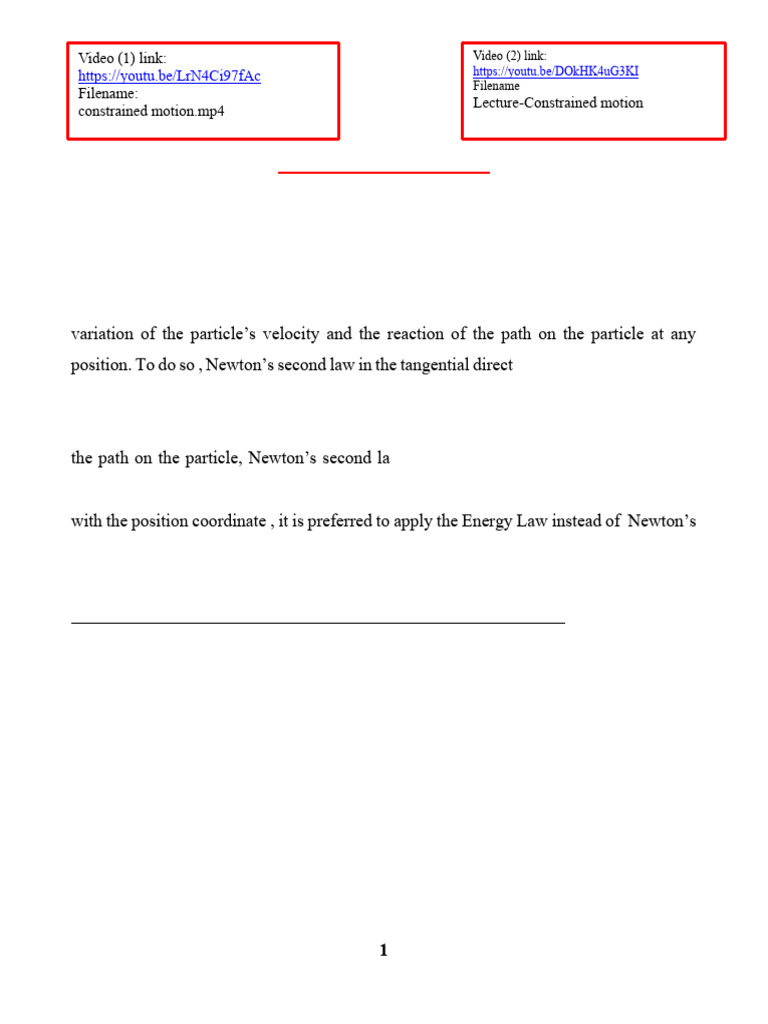 Dynamics of Constrained Motion Analysis | PDF | Force | Acceleration