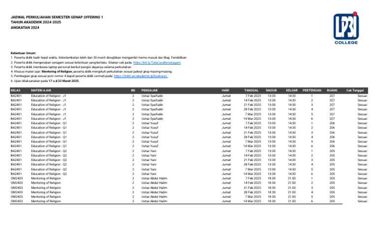 Jadwal Perkuliahan Semester Genap Offering 2 TA. 2024-2025 - Master of ...
