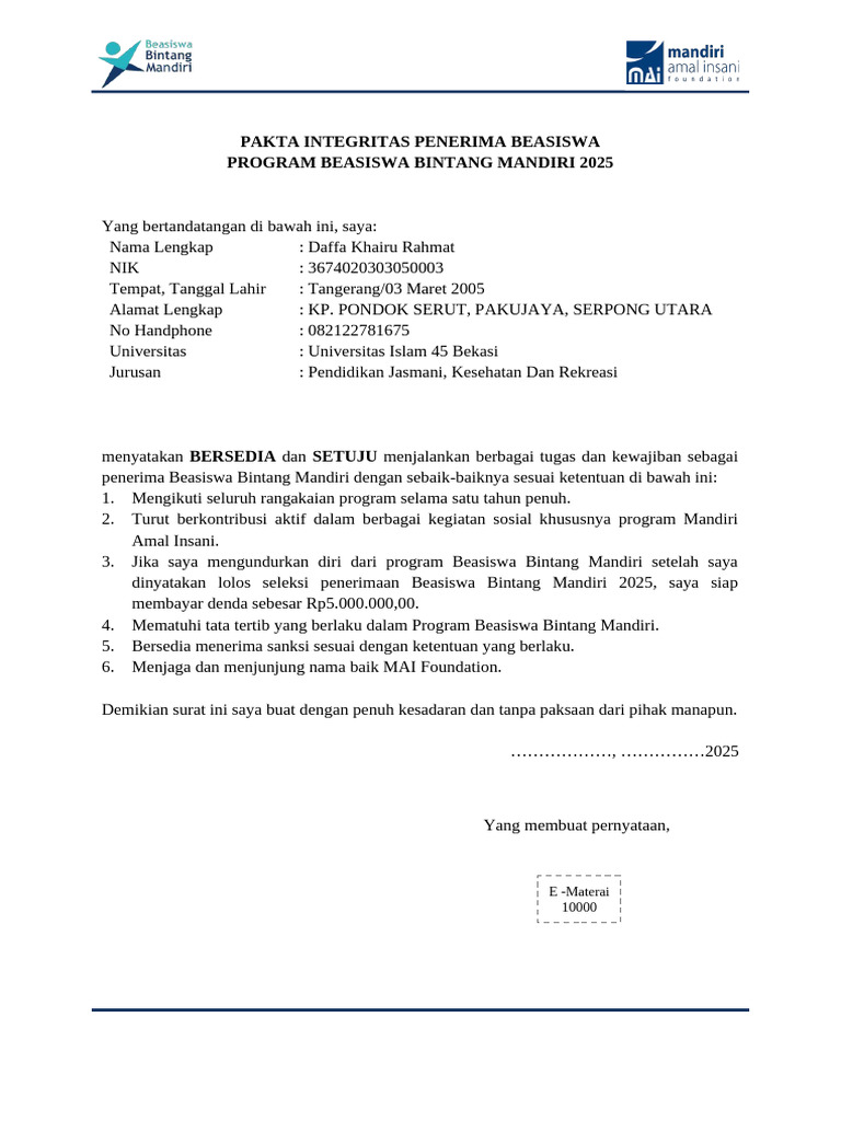 Pakta Integritas BBM 2025 Daffa | PDF