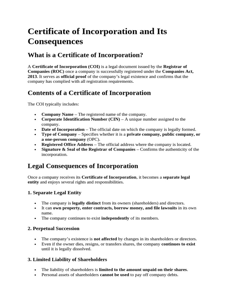 Certificate of Incorporation and Its Consequence 1 | PDF | Companies ...