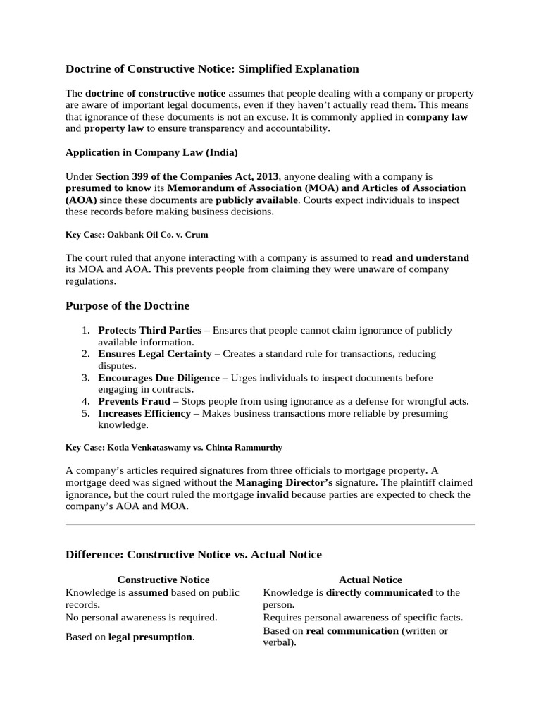 Doctrine of Constructive Notice | PDF | Articles Of Association | Knowledge