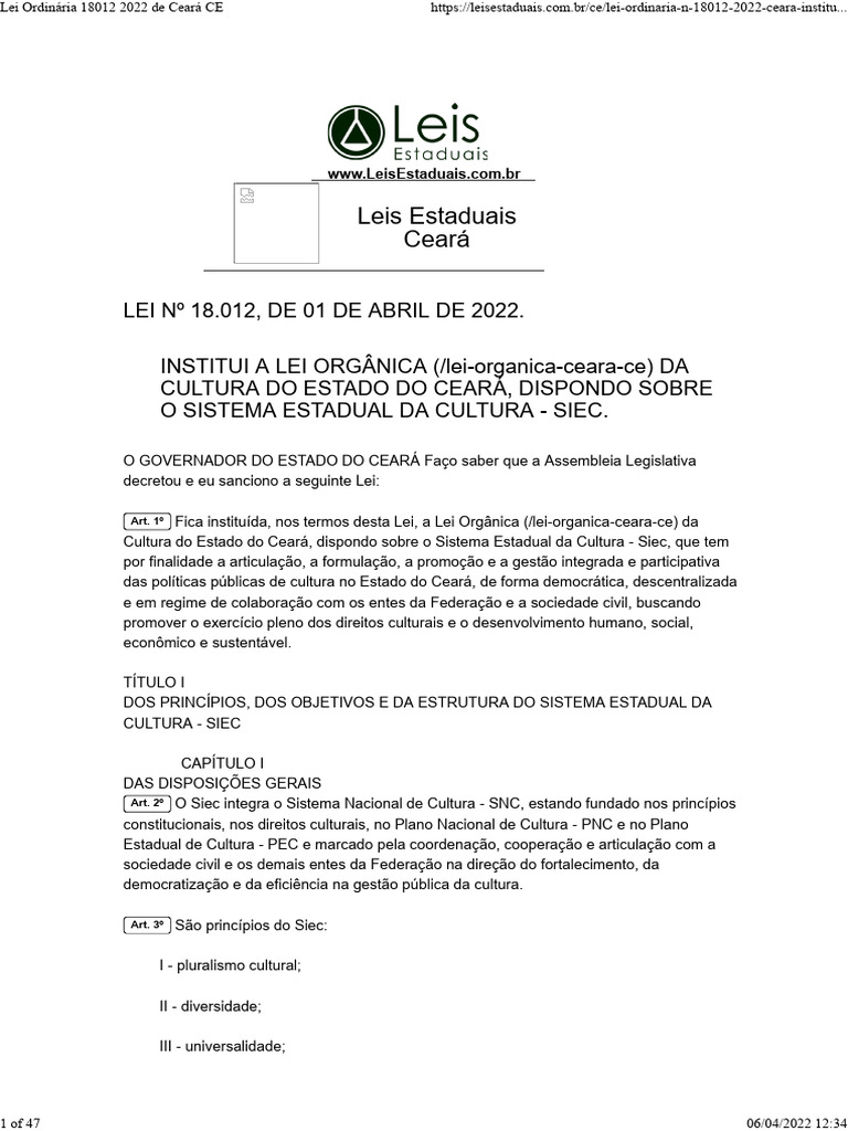 Lei N 18.012 (Lei Do Siec 2022) | PDF | Emenda Constitucional | Estado