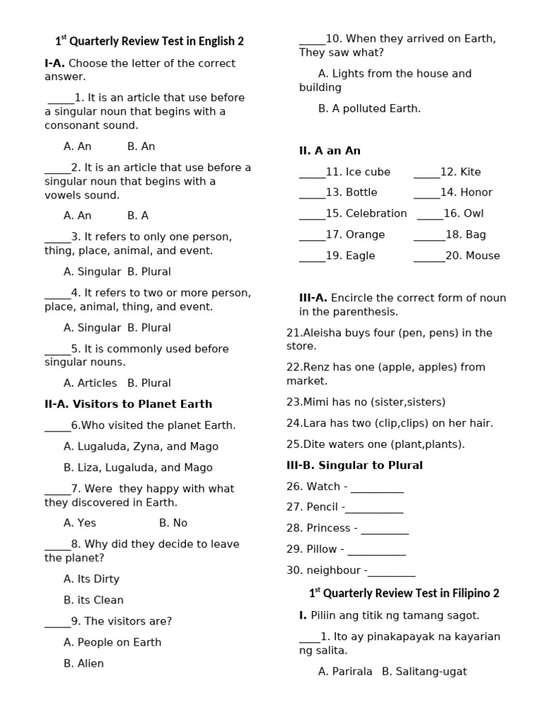 1st Quarterly Review Test in English 2 | PDF
