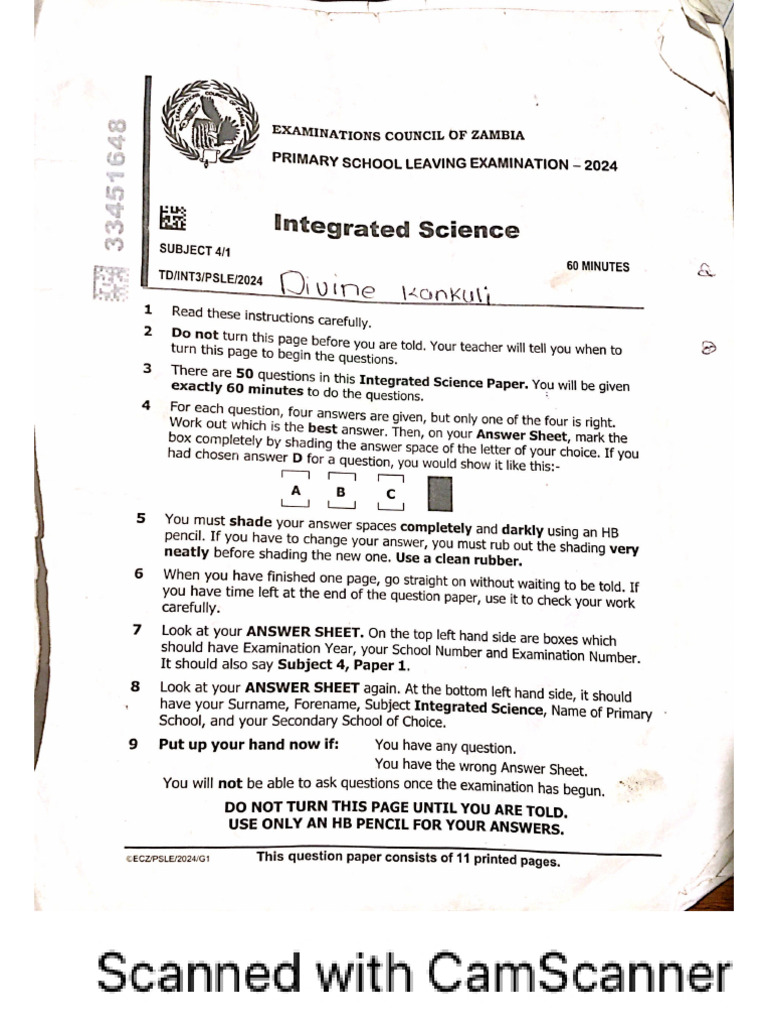 ECZ 2024 Integrated Science G7 | PDF