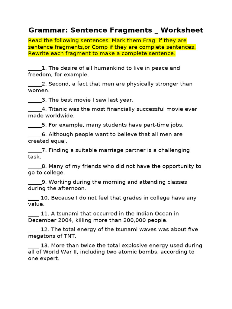 Grammar - Sentence Fragments - Worksheet | PDF