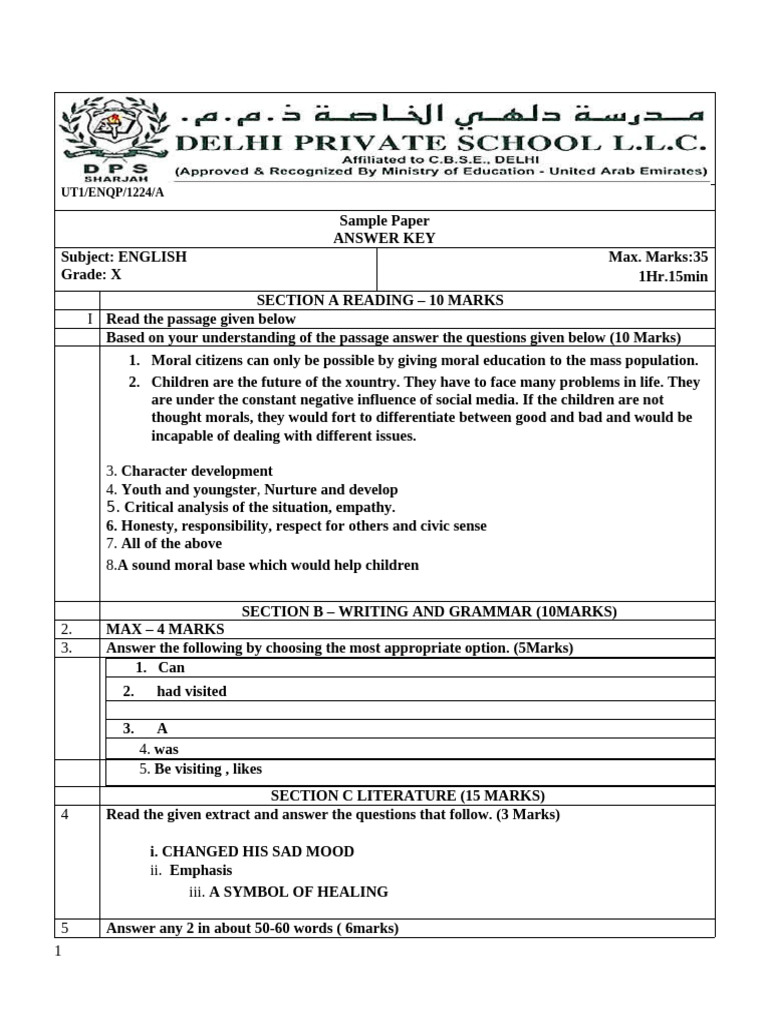 GR X-English-UT1 - Sample Paper AK | PDF