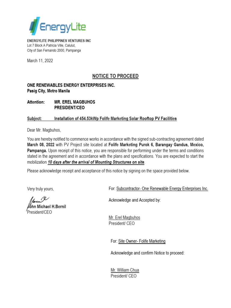 Notice to Proceed: Solar Installation Project | PDF