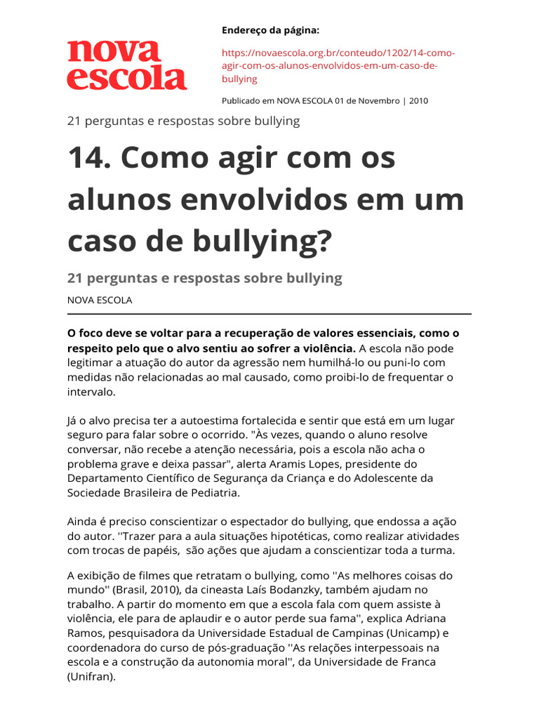 Como agir em casos de bullying escolar | PDF