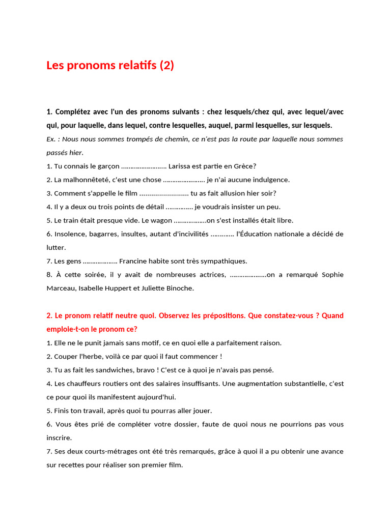 Exercices sur les pronoms relatifs | PDF | Pronom