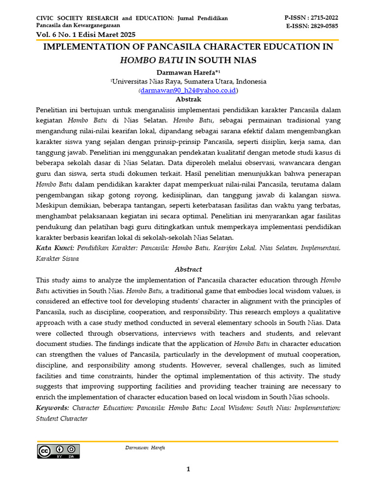 Implementation of Pancasila Character Education in Hombo Batu in South Nias | PDF | Disciplines ...