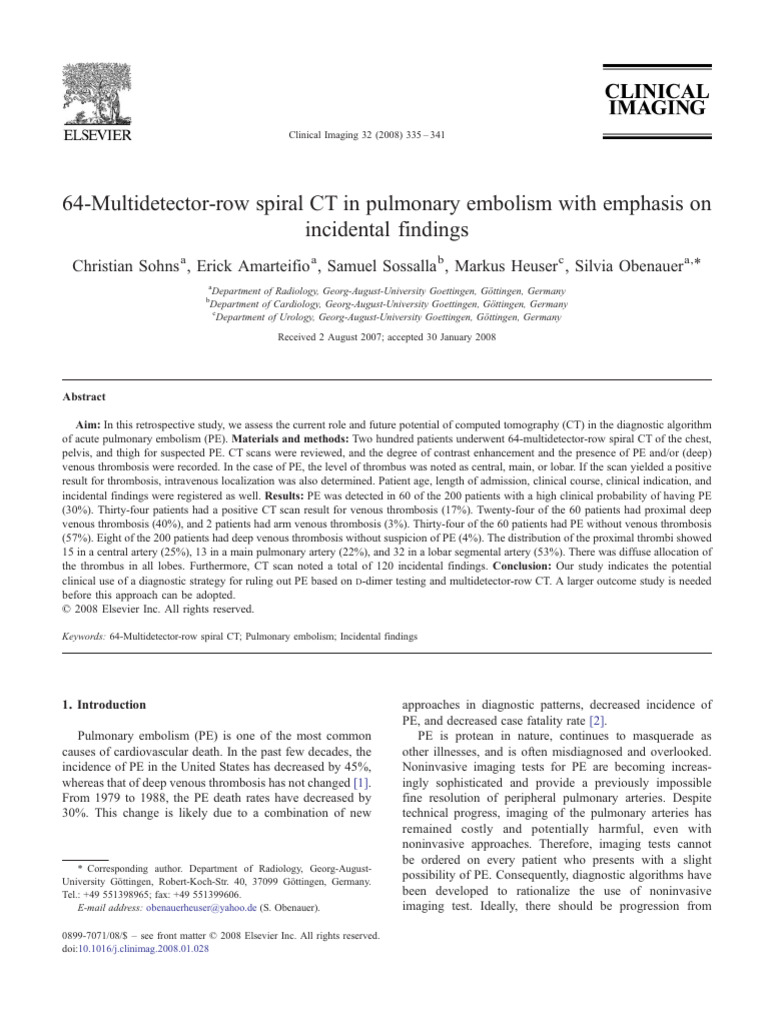 64-Multidetector-Row Spiral CT in Pulmonary Embolism With Emphasis On ...