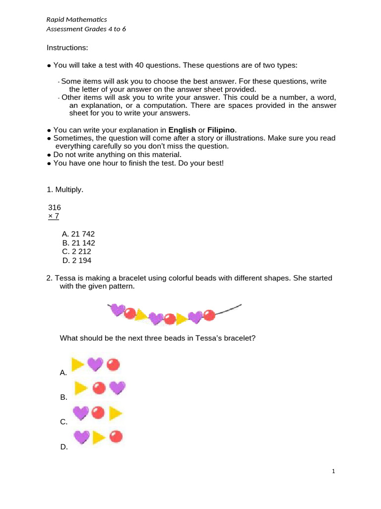 Rapid Mathematics Assessment Grades 4 To 6 | PDF | Area
