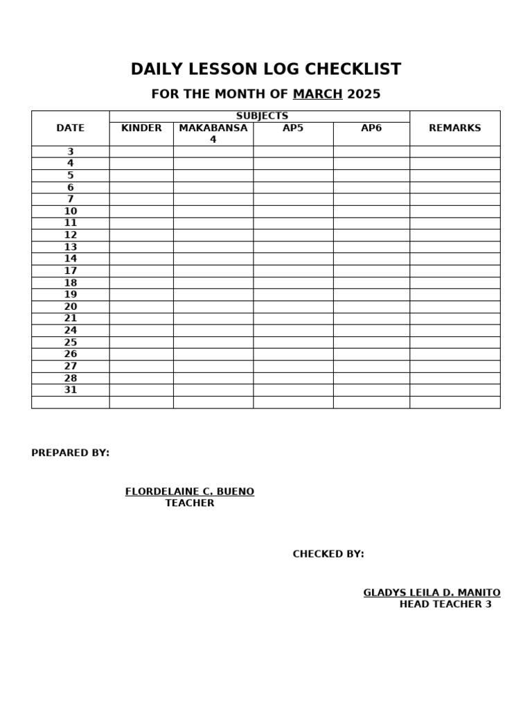 Daily Lesson Log Checklist | PDF