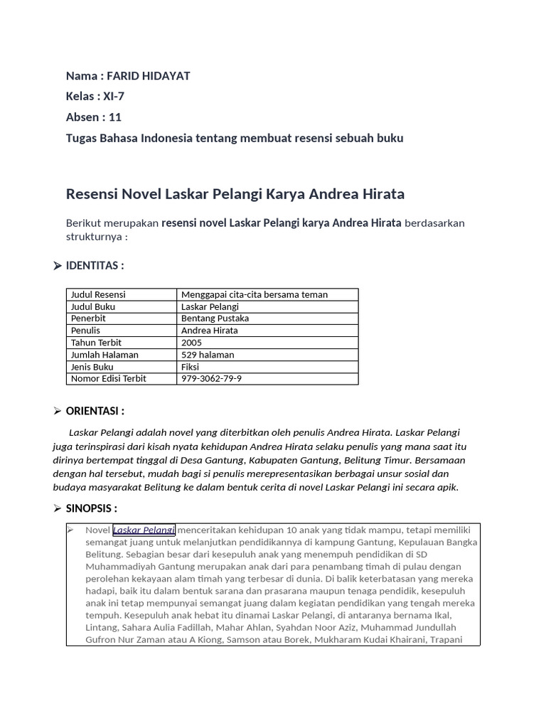 Resensi Novel Laskar Pelangi Karya Andrea Hirata. Farid Hidayat XI-7 | PDF