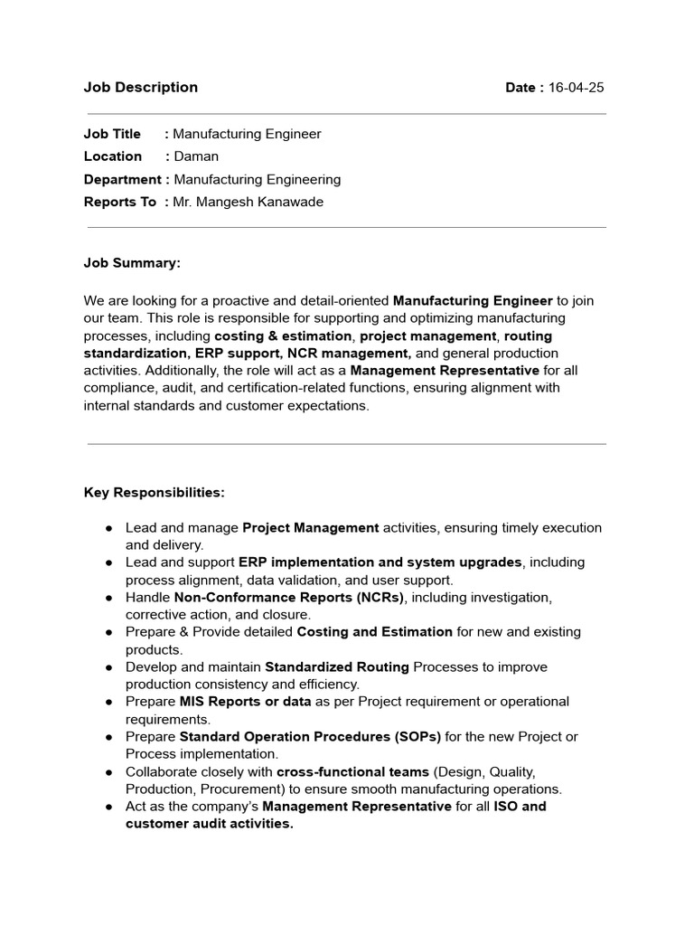 Manufacturing Engineer Job Opening | PDF | Audit | Quality Management ...