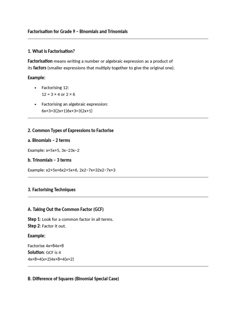 Factorisation Guide for Grade 9 Students | PDF