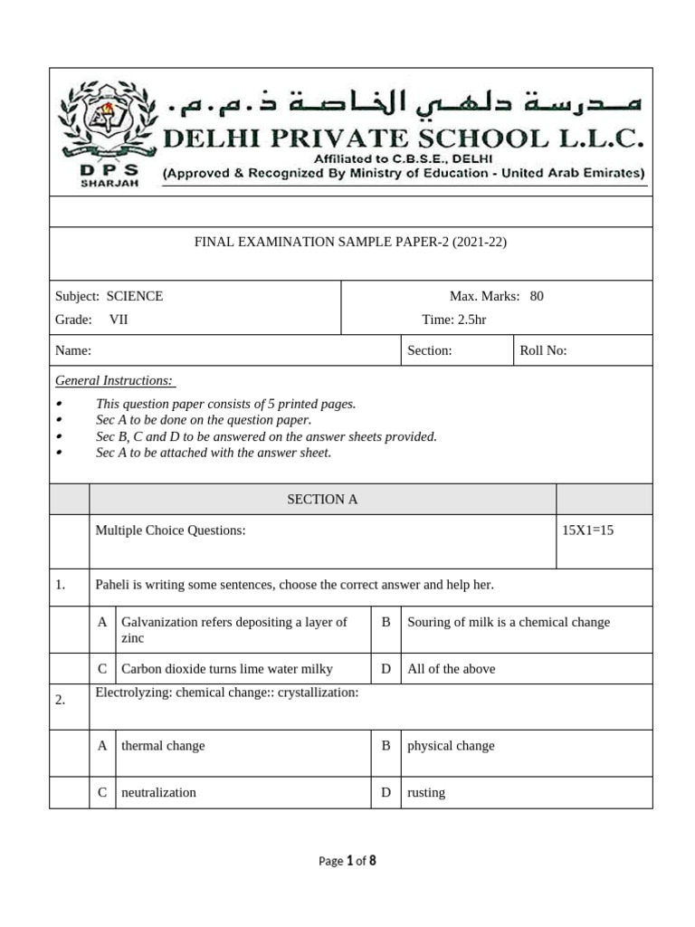 Gr-7 Science Final Exam Sample Paper - 2 QP | PDF | Atrium (Heart) | Heart