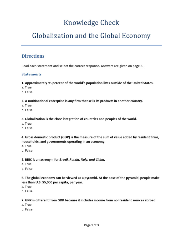 Globalization Knowledge Check Quiz | PDF | Gross Domestic Product | Bric