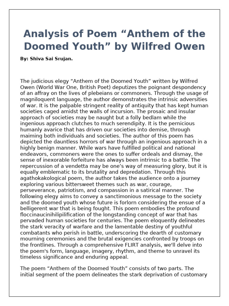 Analysis of Owen's "Anthem for Doomed Youth" | PDF | Poetry ...