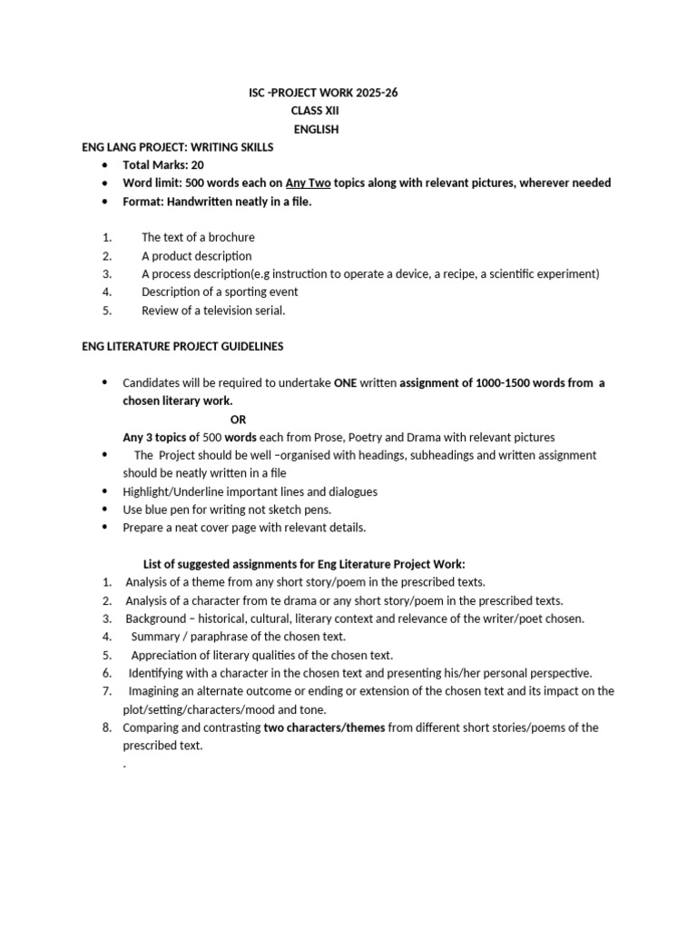 ISC English Project Guidelines 2025-26 | PDF