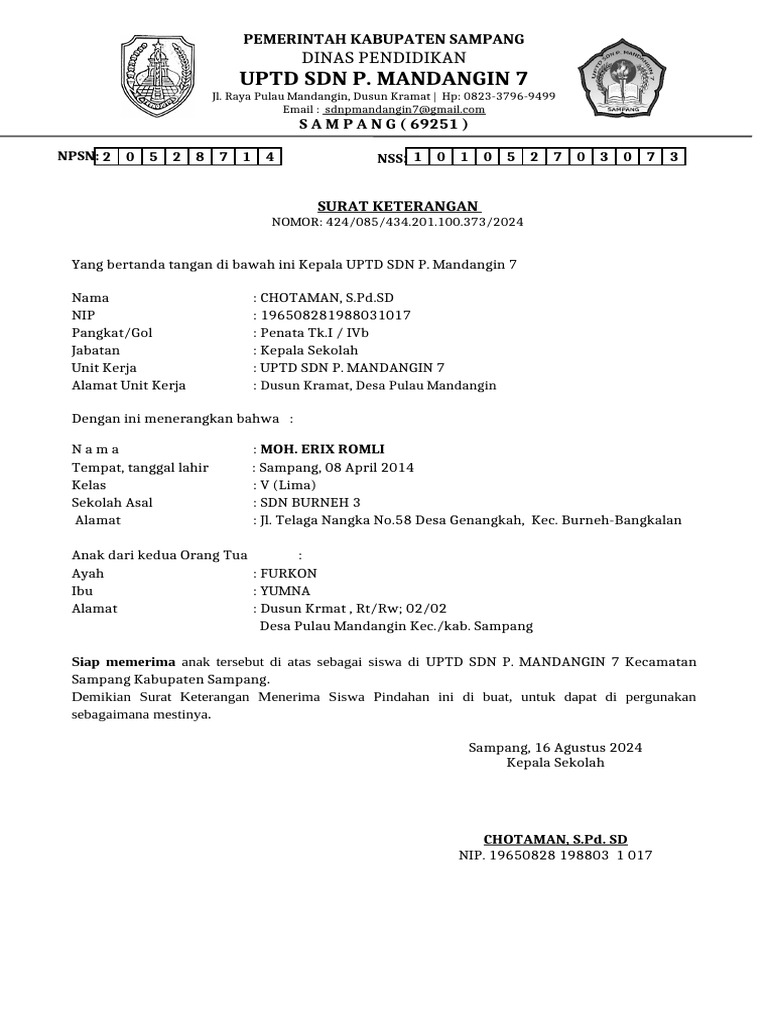 Surat Mutasi Masuk | PDF