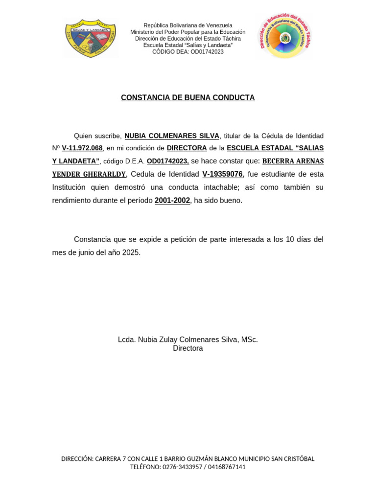Constancia de Buena Conducta Yender Arenas | PDF