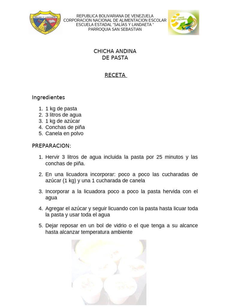 Chicha Andina de Pasta Receta Cnae Ee Salias y Landaeta | PDF ...