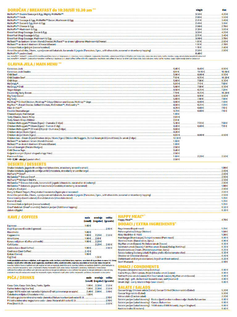 McDonald's Bjelovar Cjenik | PDF