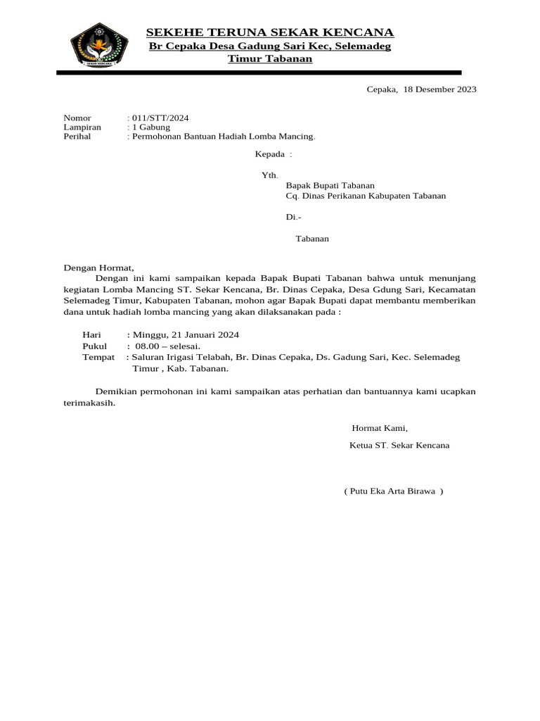 PROPOSAL LOMBA MANCING STT. SEKAR KENCANA 2024 | PDF