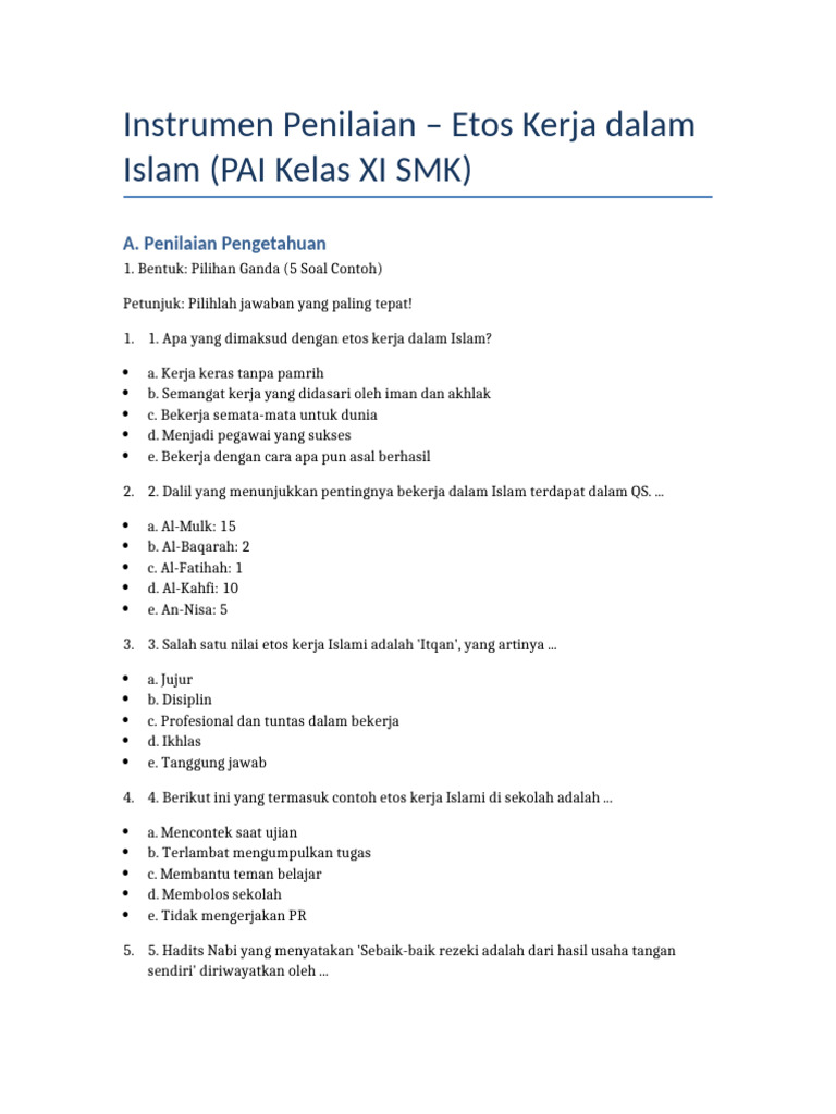 Instrumen Penilaian Etos Kerja PAI Kelas 11 | PDF