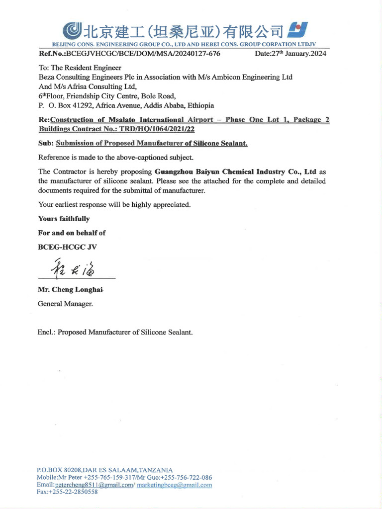 20240127-676 Submission of Proposed Manufacturer of Silione Sealant | PDF