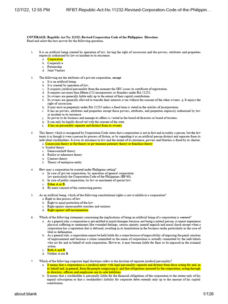 RFBT Republic Act No.11232 Revised Corporation Code of The Philippines With Answers | PDF ...