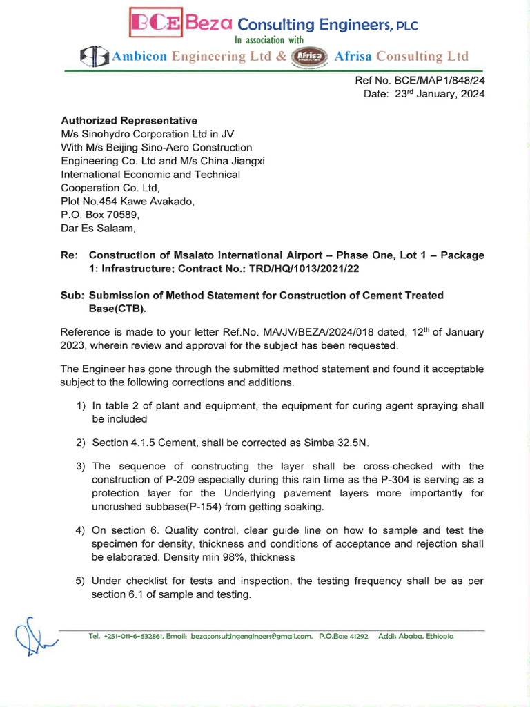 BCE-MAP1-848-24 Submission of Method Statement For Construction of Cement Treated Base (CTB) | PDF