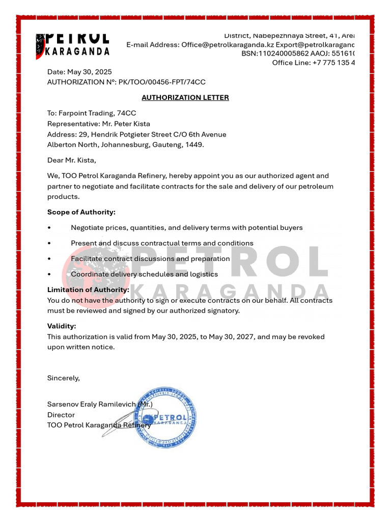 Too Petrol Karaganda Refinery Authorization Letter | PDF