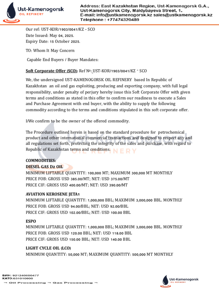 Ust-Kamenogorsk Oil Refinery SCO | PDF | Letter Of Credit | Receipt