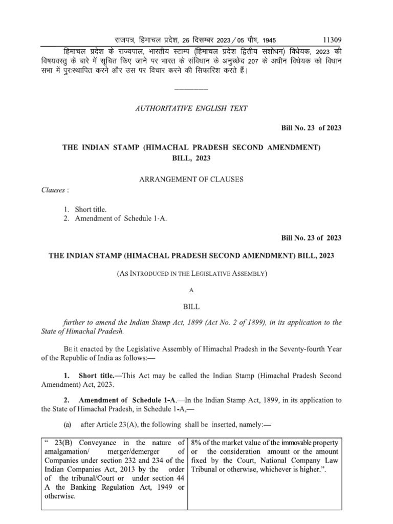 Indian Stamp (Himachal Pradesh Second Amendment) Bill, 2023 | PDF