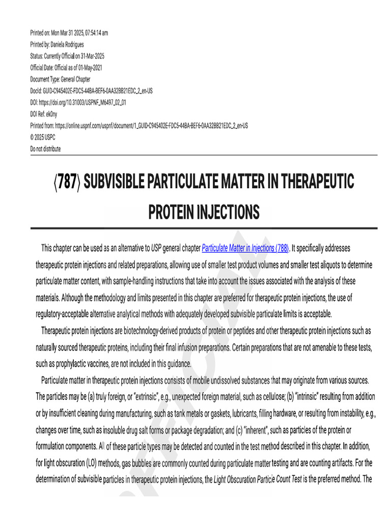 USP-NF 787 Subvisible Particulate Matter in Therapeutic Protein Injections | PDF