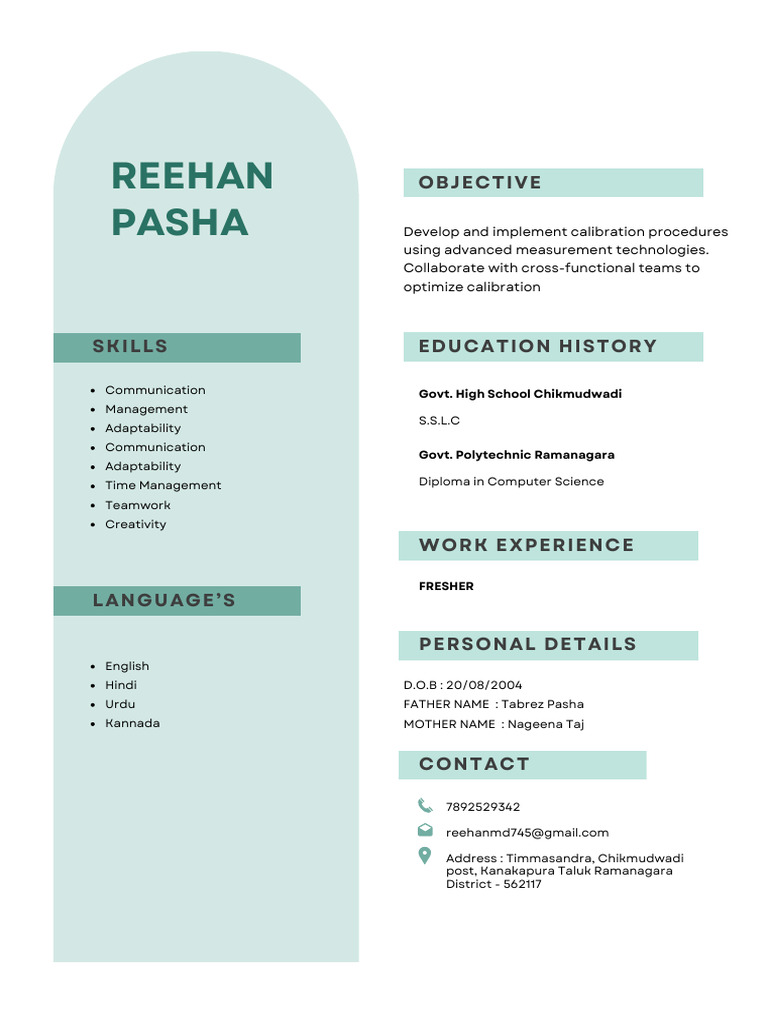 Reehan Pasha's Resume: Skills & Education | PDF