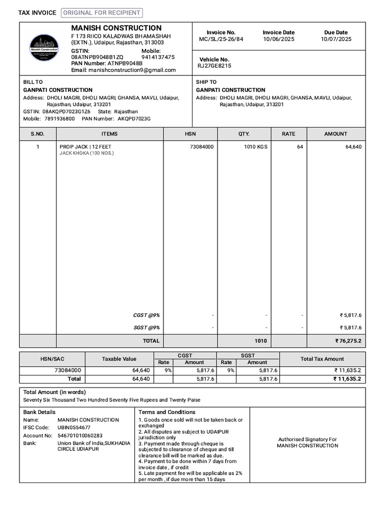 Ganpati Construction Sales Invoice MC SL 25-26-84 | PDF | Cheque | Government Finances