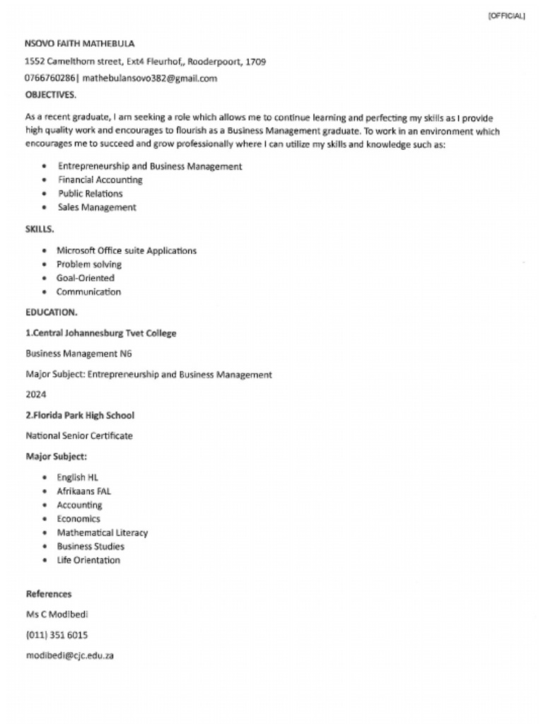 NF Mathebula CV | PDF