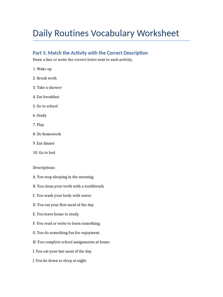 Daily Routines Vocabulary Worksheet | PDF