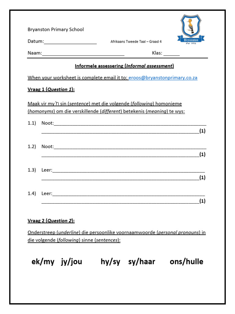 Informele Assessering Worksheet | PDF
